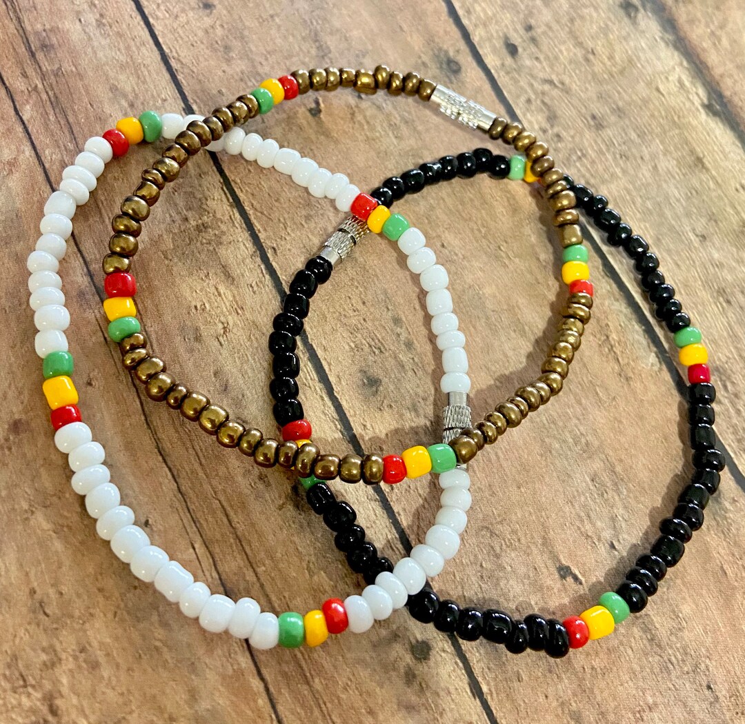 Culture Rasta Anklets Black, Bronze, White Anklet/ Stretchy Beaded ...