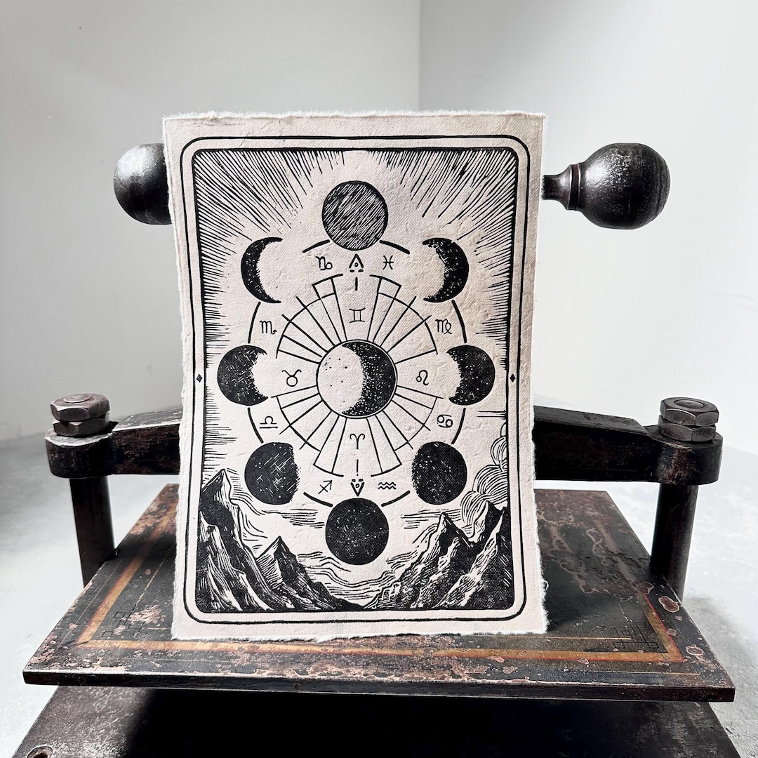 Moon Phases & Zodiac Signs Linocut Print DIN A4 | Detailed Linocut ...