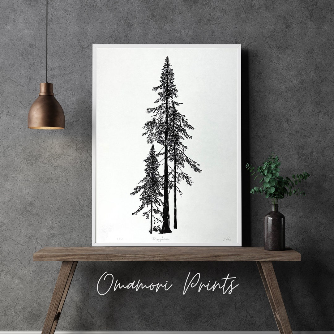 Linocut Nature Minimalist Print Douglas Fir Art Print on Lokta Paper ...