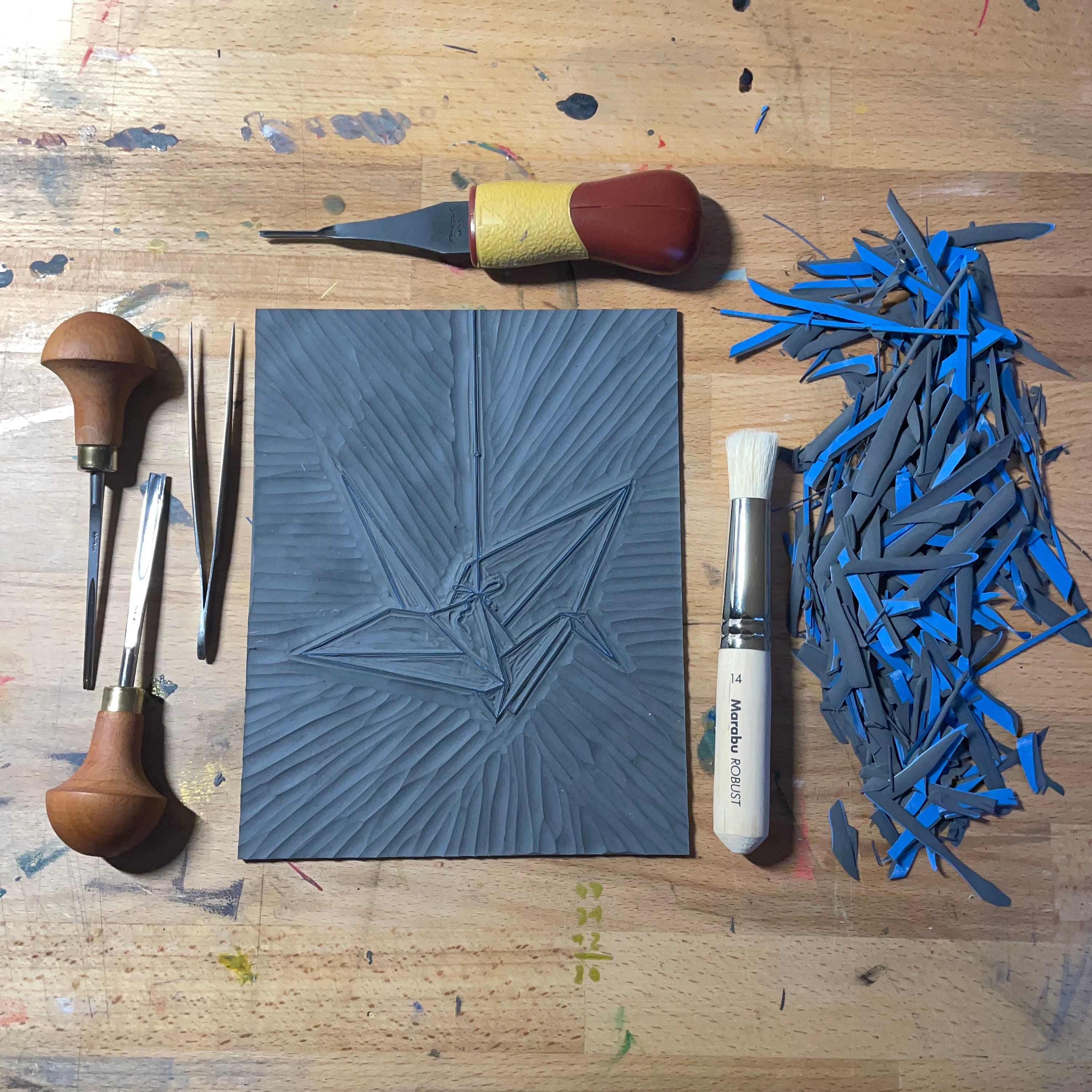 Origami Crane Linocut Print Blue | Detailed Linocut 17 X 23 Cm ...