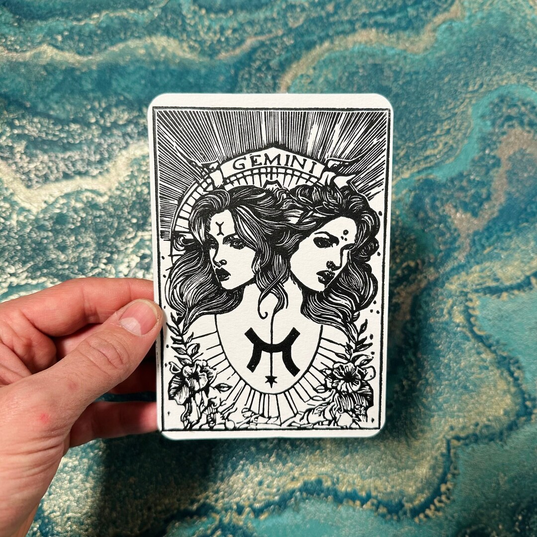 GEMINI Lino Print Zodiac Sign Gemini Linocut Handmade Print A6 Postcard ...