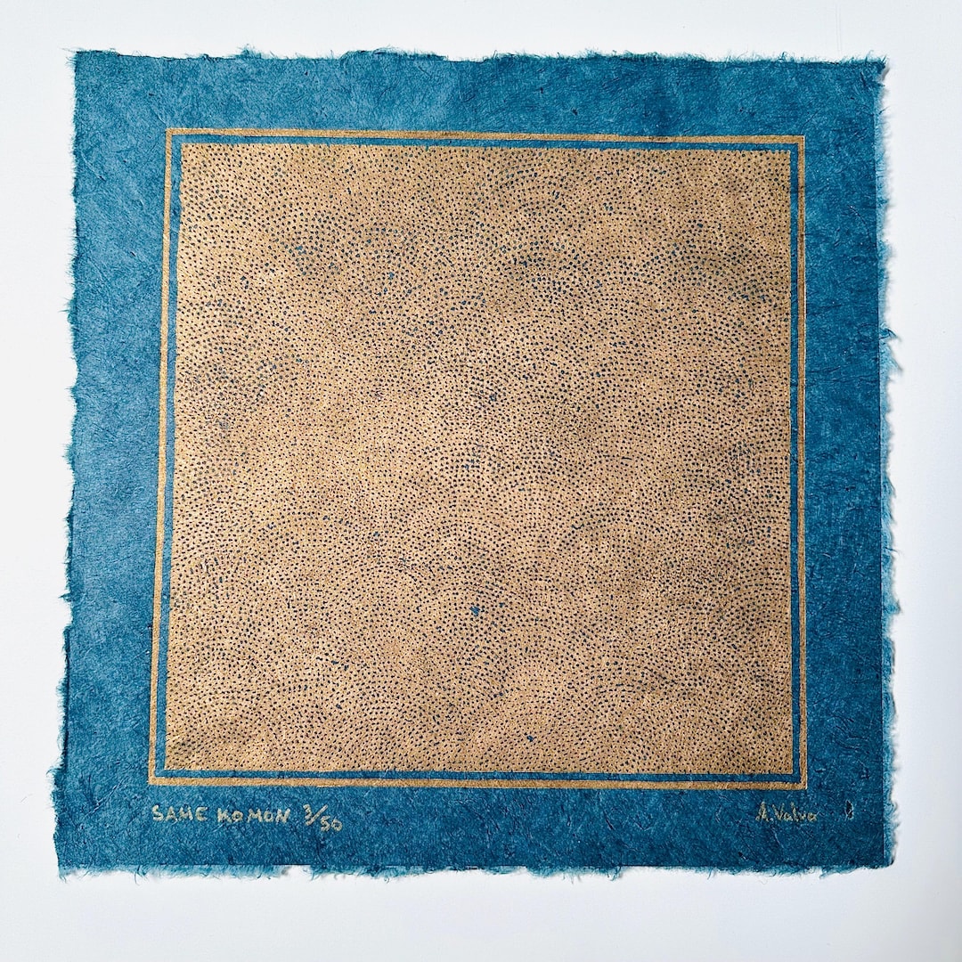 Same Komon Lino Print in Gold | Japanese Shark Pattern 21x21 Cm | Blue ...