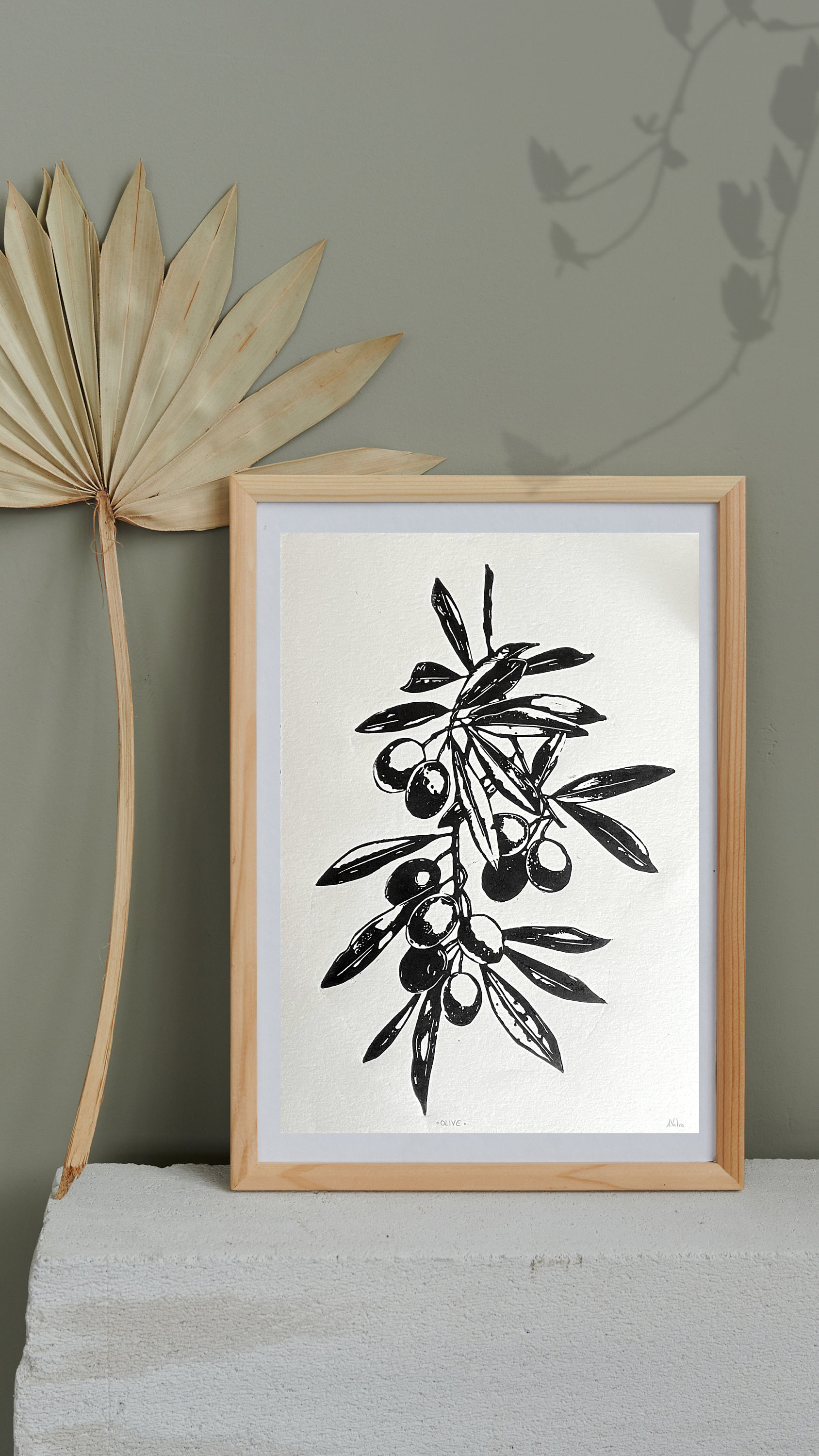 OLIVE TWIG black linocut on white paper (290g/m2) sold by Ki-Adi-Mundi ...
