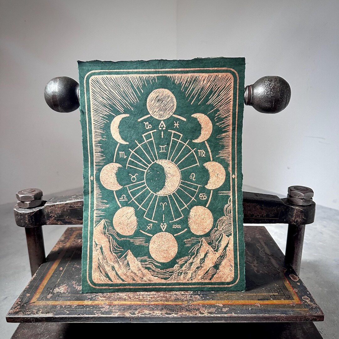 Moon Phases & Zodiac Signs Linocut Print DIN A4 | Detailed Linocut ...