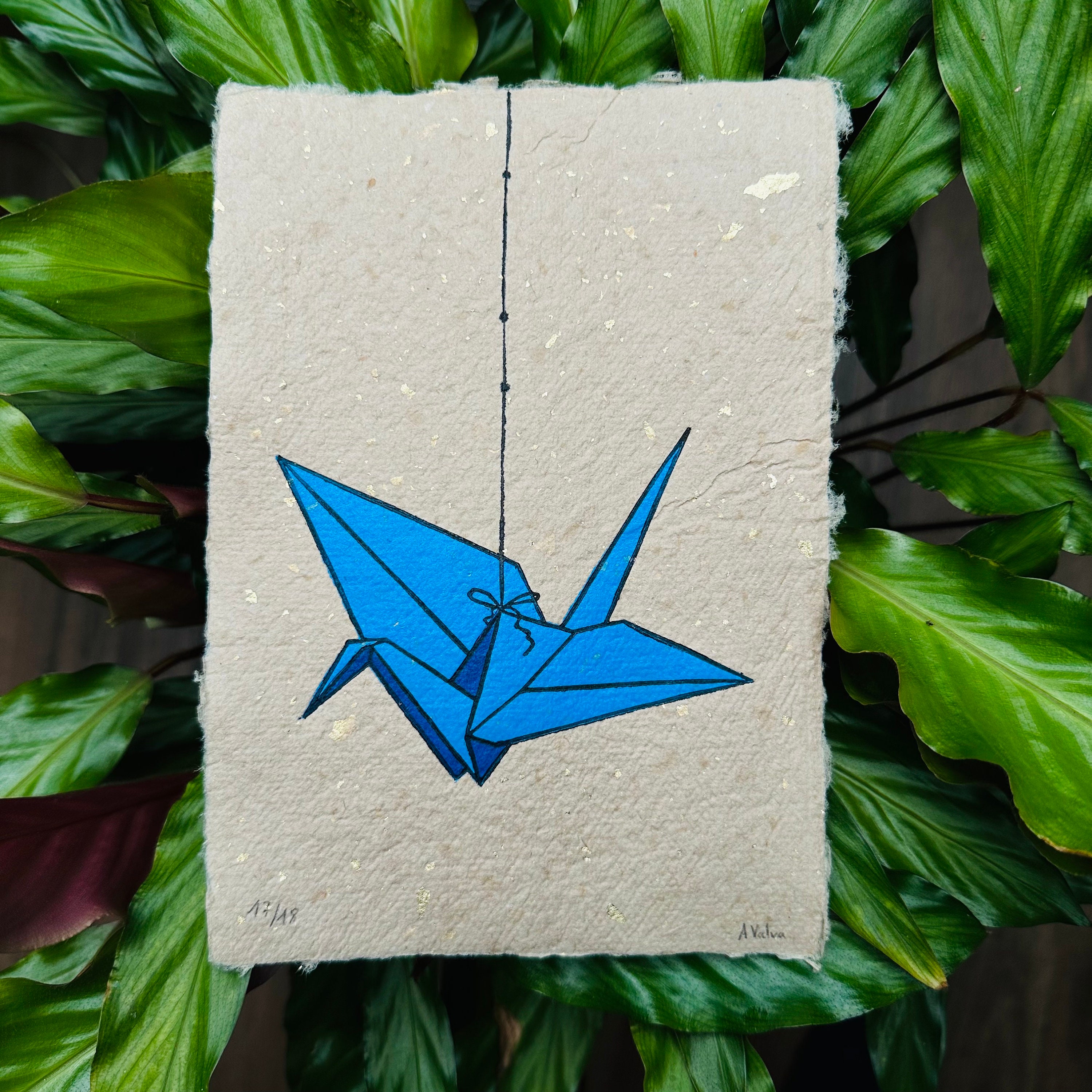 Origami Crane Linocut Print Blue | Detailed Linocut 17 X 23 Cm ...
