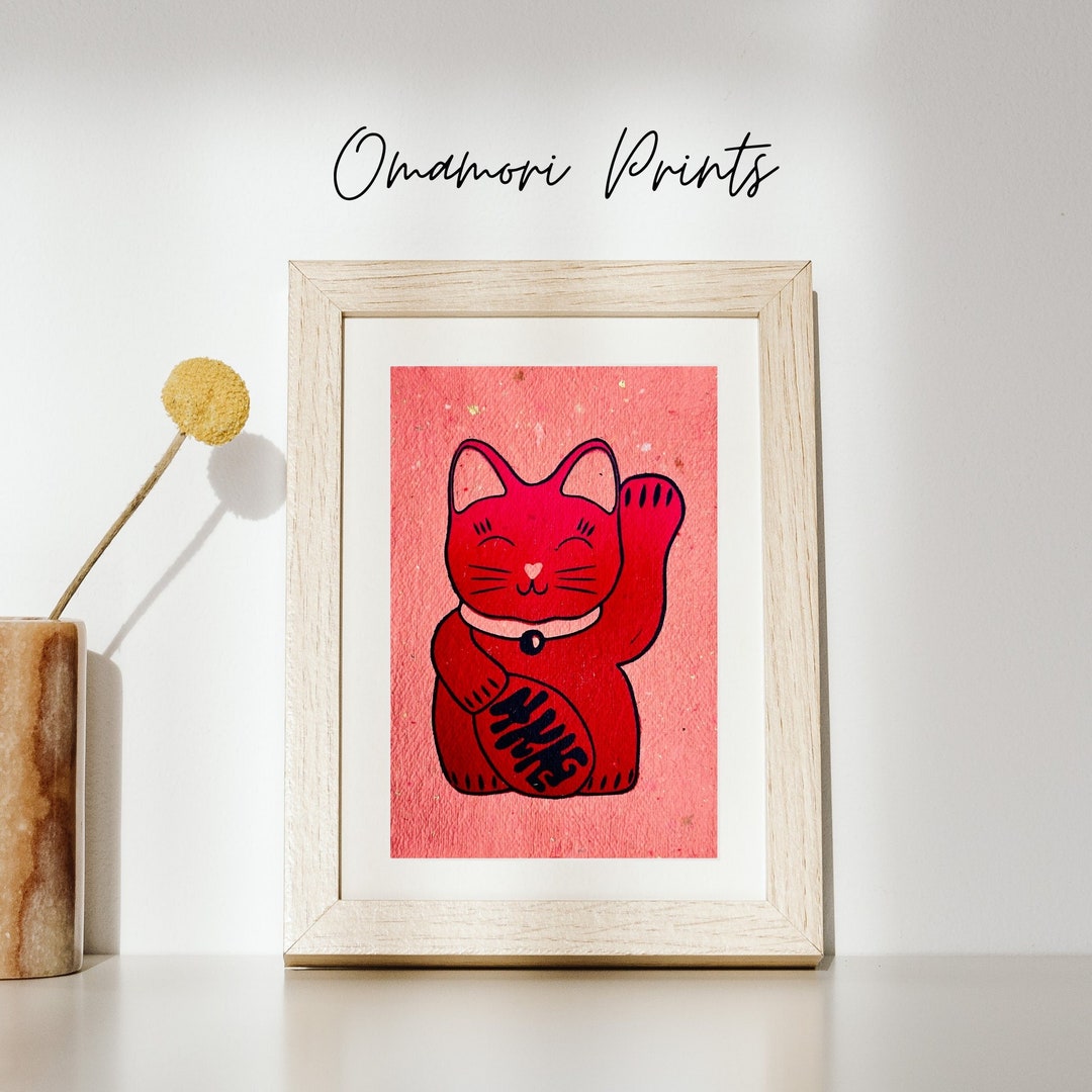 Lucky Cat Lino Print | Maneki-neko Japan Lucky Charm | Handmade Print ...