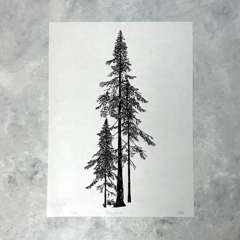 Linocut Nature Minimalist Print Douglas Fir Art Print on Lokta Paper ...