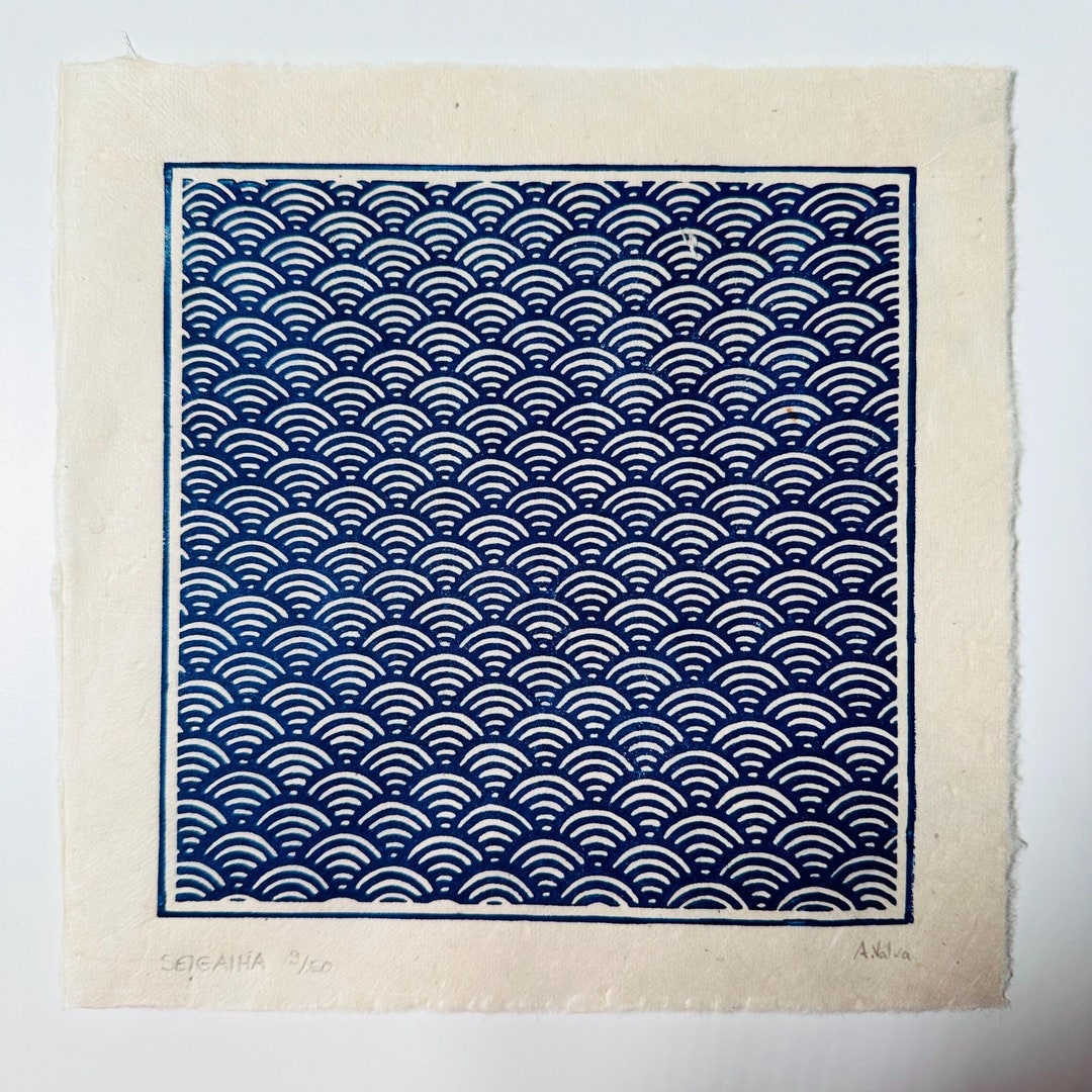 Seigaiha Linoleum Print | Japanese Wave Pattern Blue 21x21 Cm ...