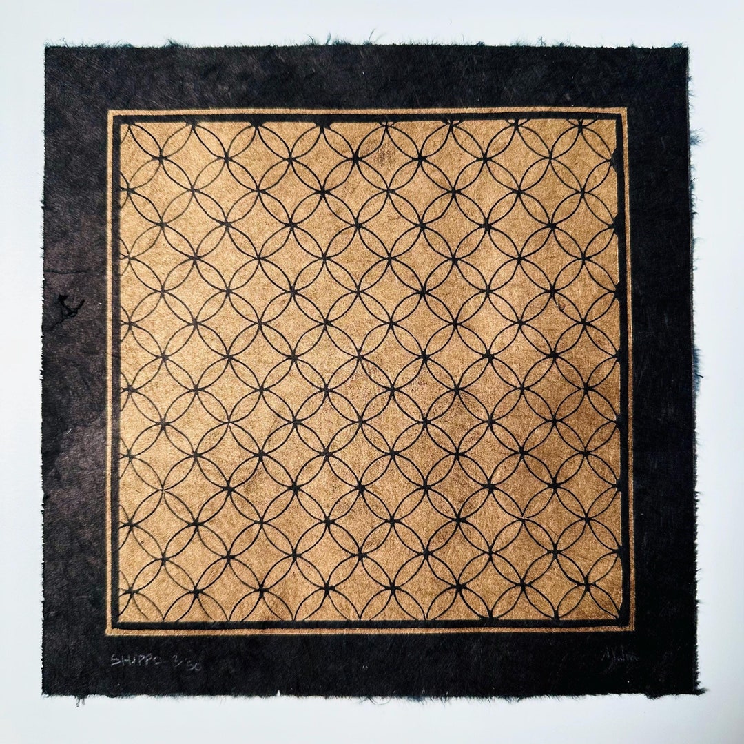 Shippo Lino Print Gold & Black | Japanese Pattern 21x21 Cm | Handmade ...