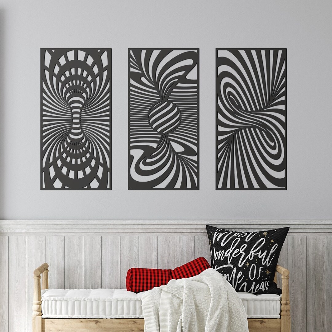 Optical Illusion Wood Wall Panel, Triptych Wall Art, 3 Piece Wall Art, Boho Wall Hanging ...