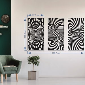 Optical Illusion Wood Wall Panel, Triptych Wall Art, 3 Piece Wall Art, Boho Wall Hanging ...