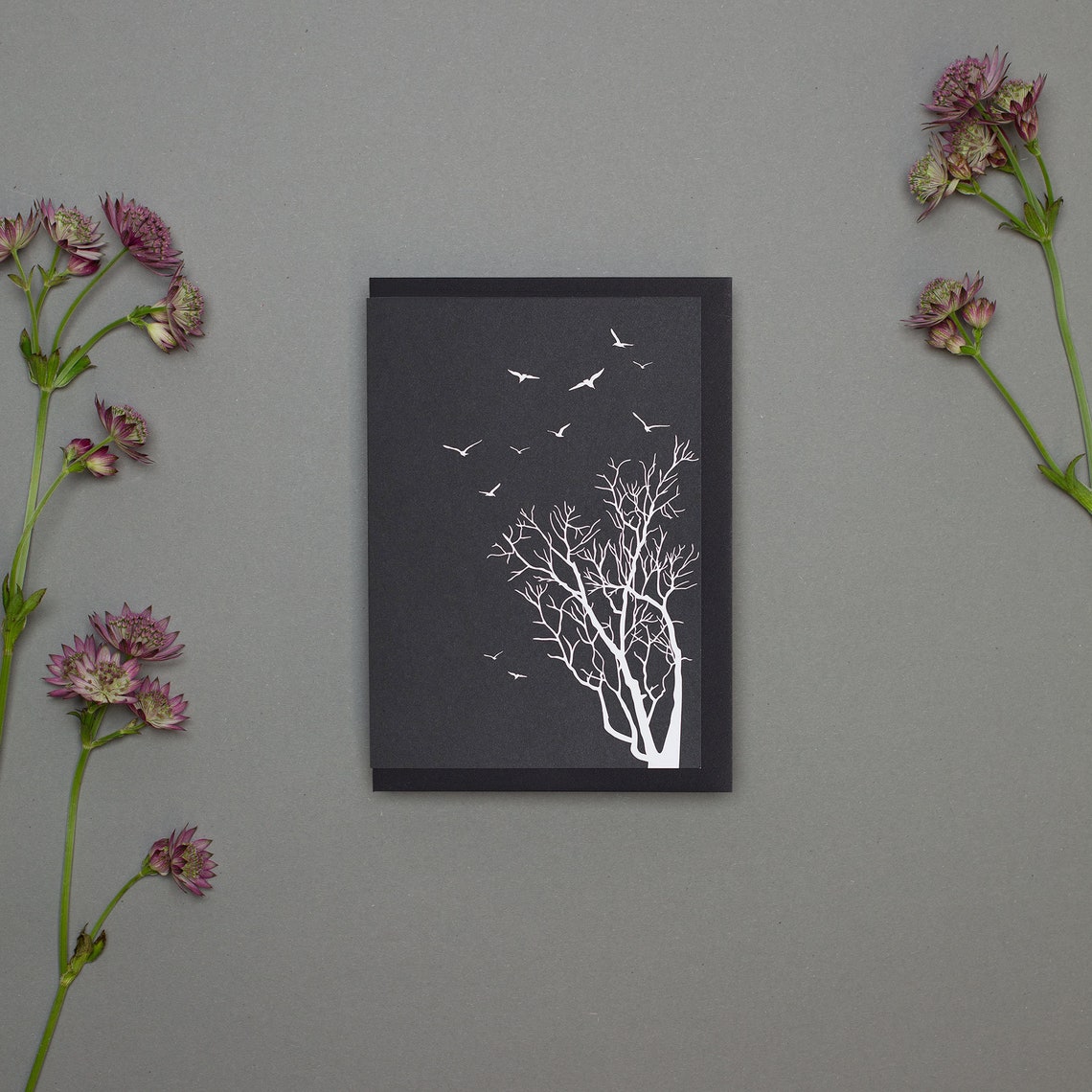 Modern Sympathy Card Without Text in Black With a Bare Tree and Birds ...