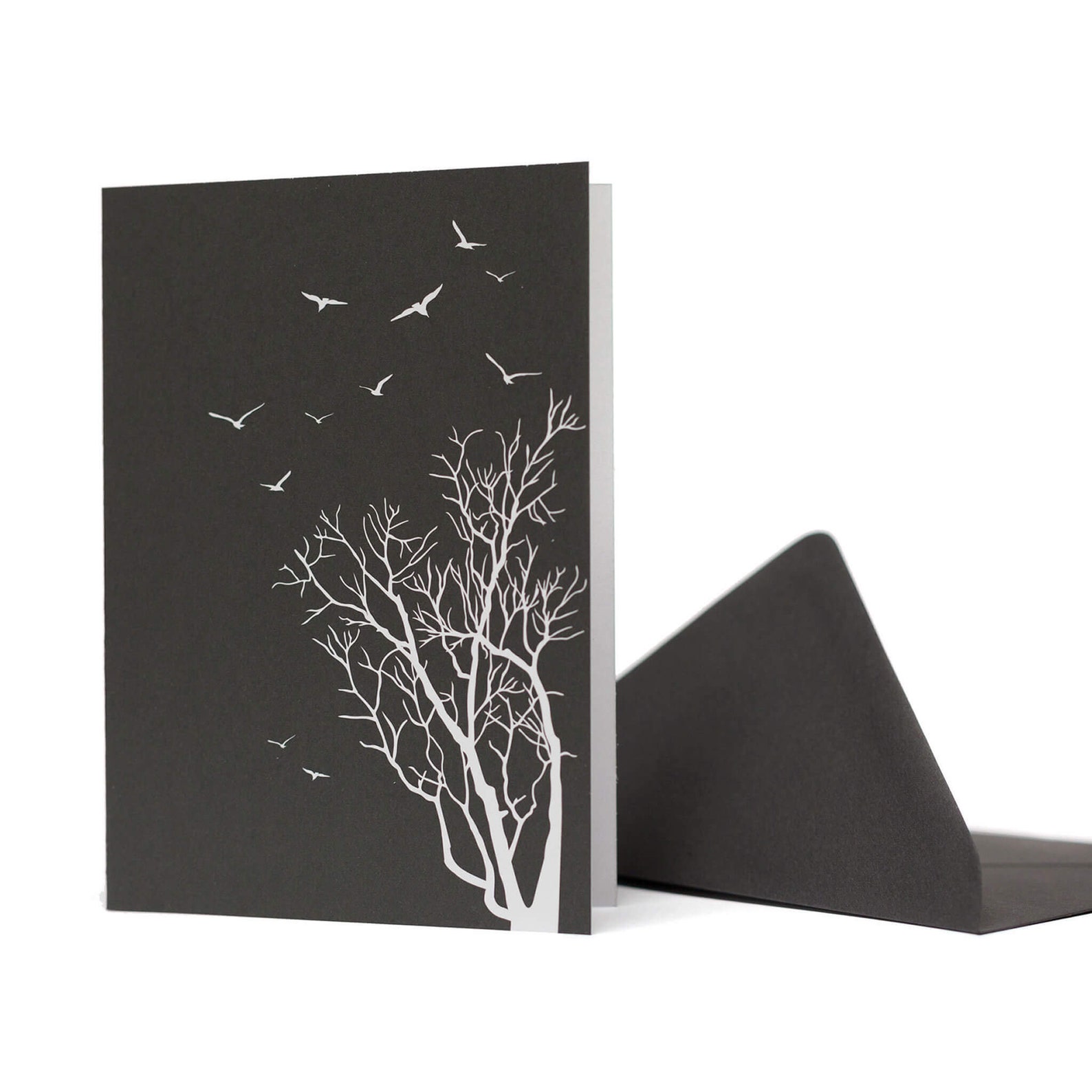 Modern Sympathy Card Without Text in Black With a Bare Tree and Birds ...