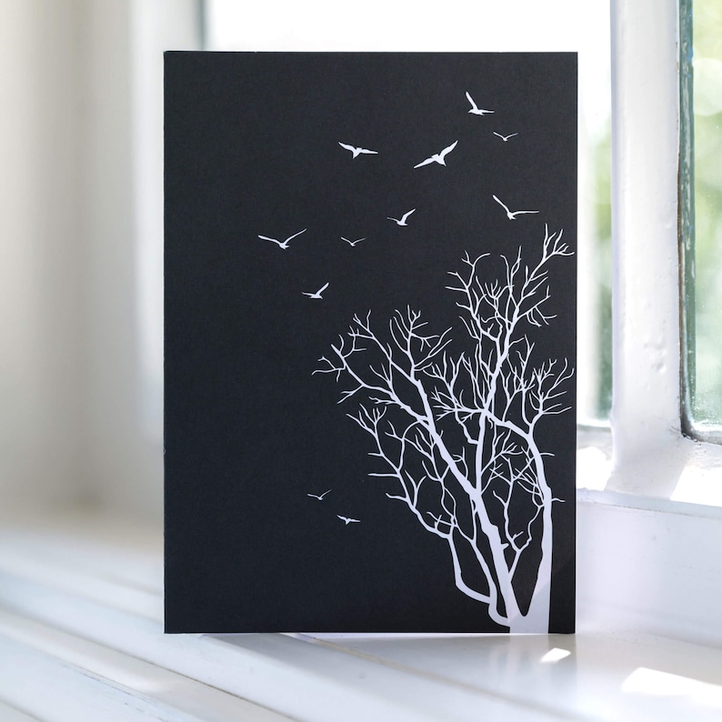 Modern Sympathy Card Without Text in Black With a Bare Tree and Birds ...