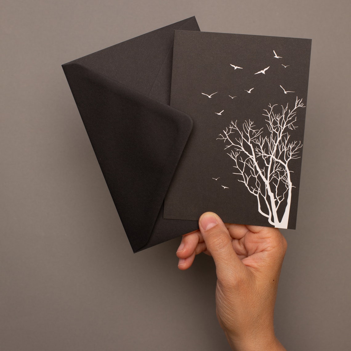 Modern Sympathy Card Without Text in Black With a Bare Tree and Birds ...