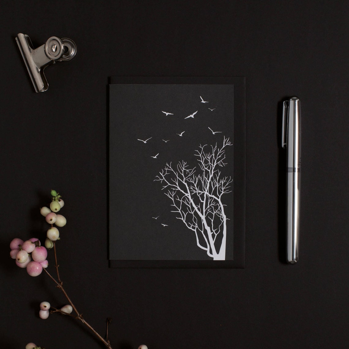 Modern Sympathy Card Without Text in Black With a Bare Tree and Birds ...