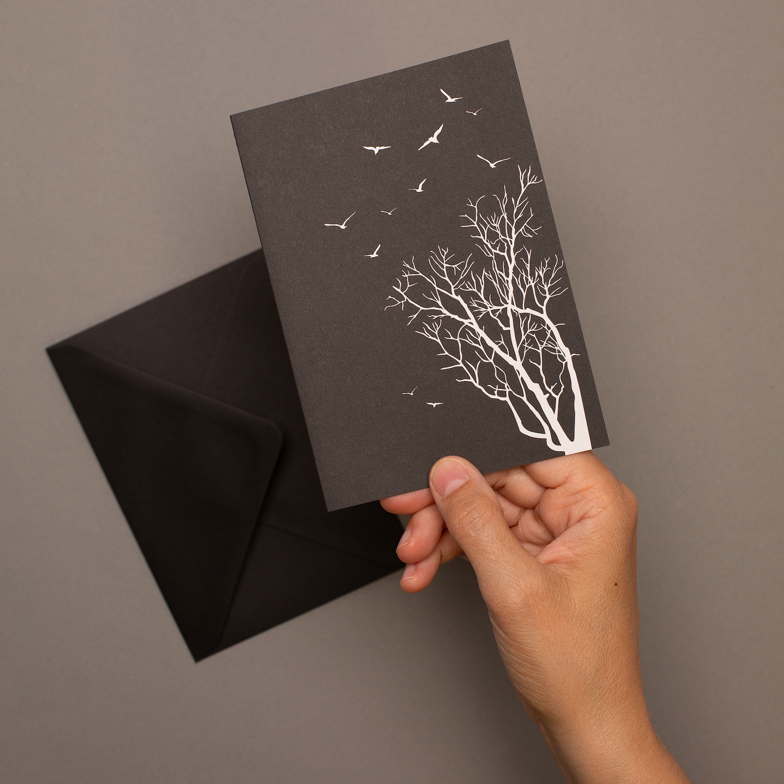 Modern Sympathy Card Without Text in Black With a Bare Tree and Birds ...