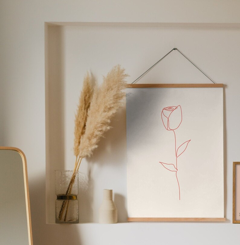 Red Flower Line PRINTABLE / Line Art Mid Century Modern Abstract Art ...