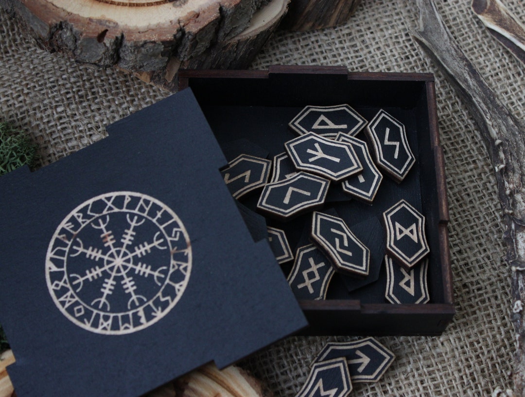 Rune Set Elder Futhark in a Wooden Box With a Picture of a - Etsy