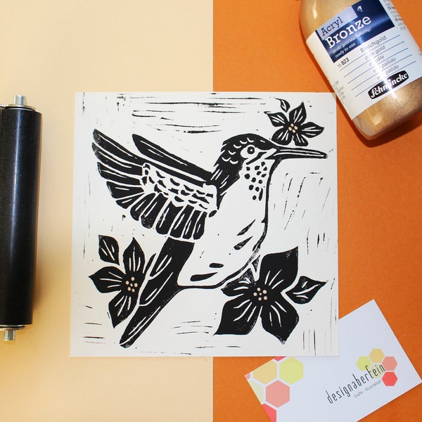 Linocut Print Hummingbird - Etsy