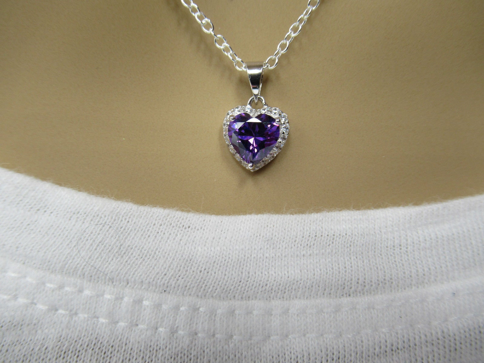 Purple Amethyst CZ Heart Pendant 925 Sterling Silver 1.6ct | Etsy