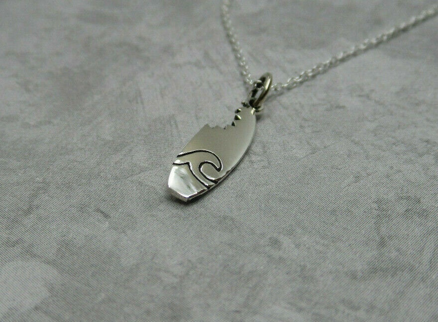 Surfboard w Shark Bite & Wave Pendant 925 Sterling Silver | Etsy