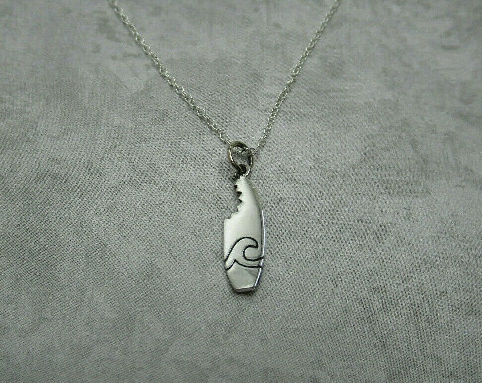 Surfboard w Shark Bite & Wave Pendant 925 Sterling Silver | Etsy