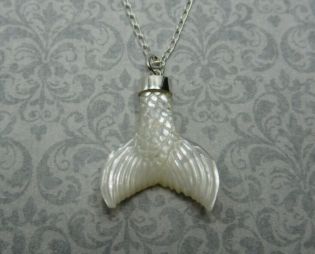 Mother of Pearl Mermaids Tail Necklace White Hand Carved 925 Sterling ...