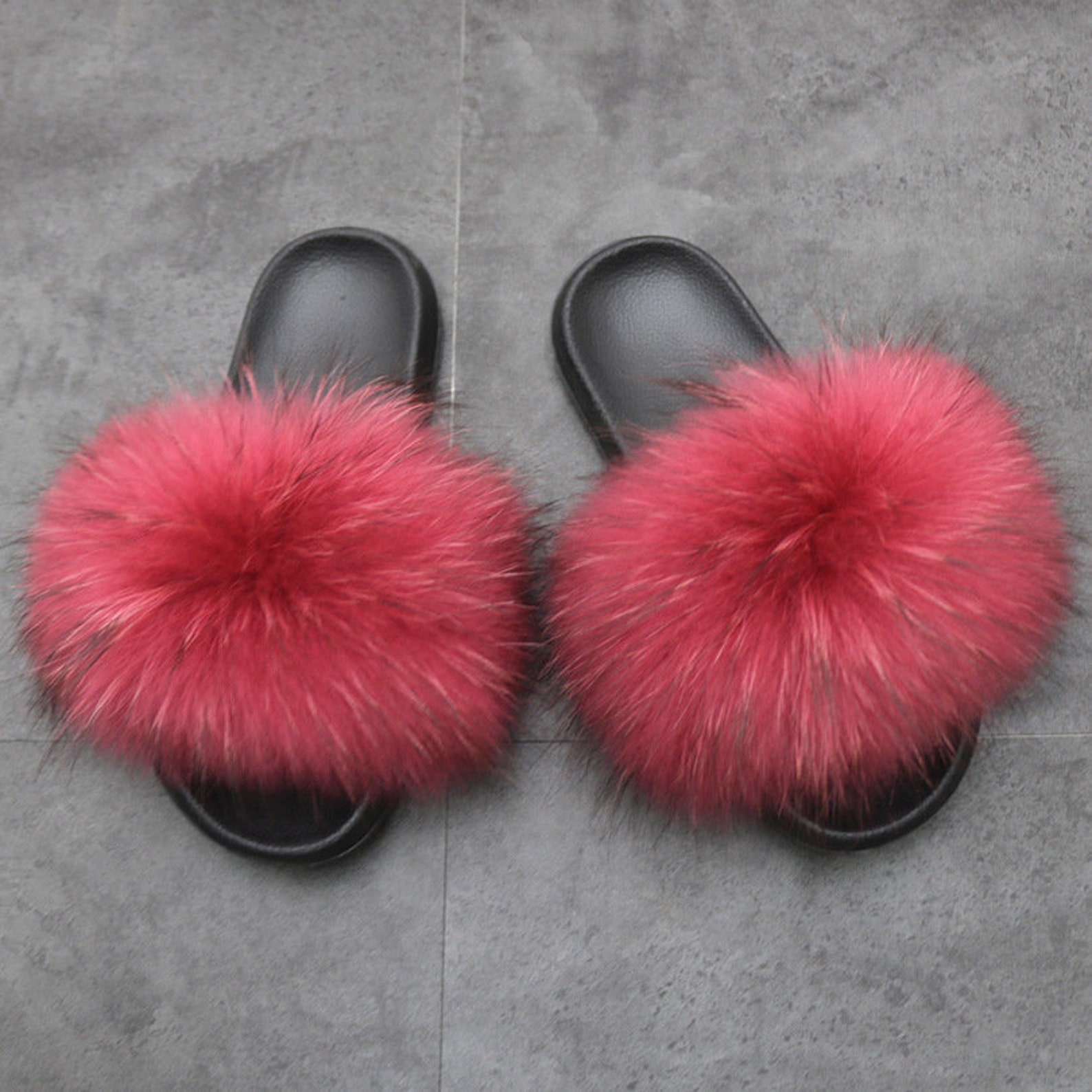 Real Raccoon Fur Slippers Fulffy Fur Pure Color Women Slides | Etsy