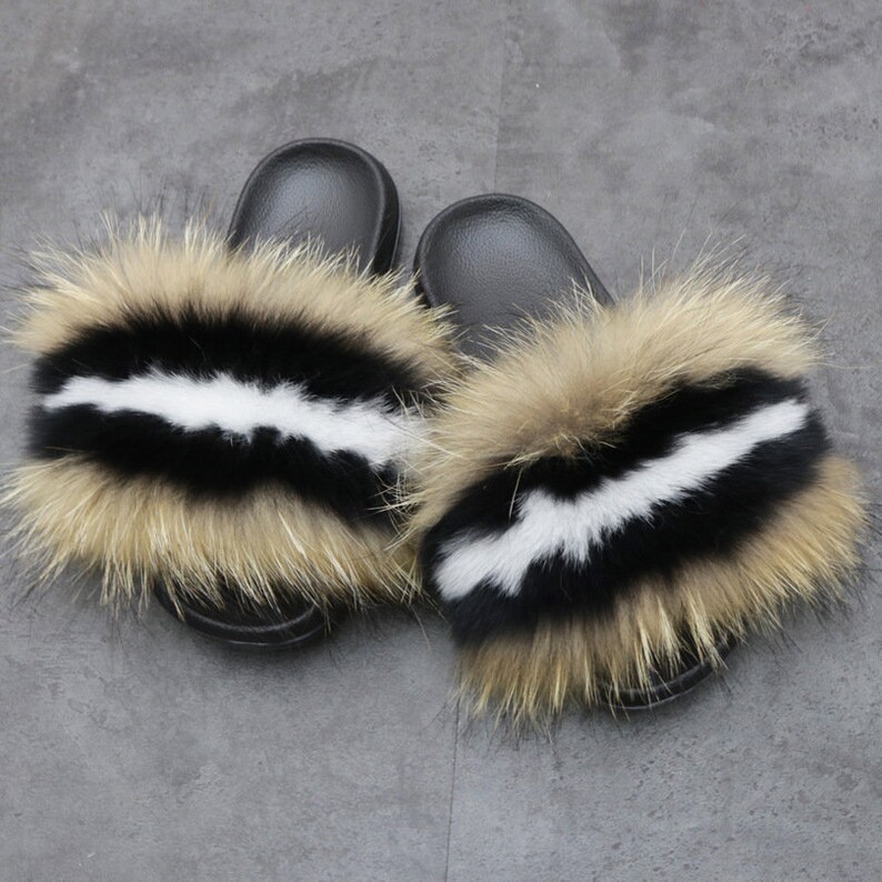 Real Fox Fur Slides Women Puffy Patchwork Stripe Fur Slippers Sandal ...