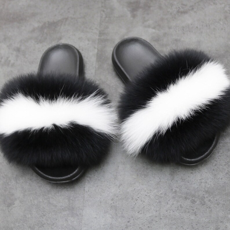Real Fox Fur Slides Women Puffy Patchwork Stripe Fur Slippers Sandal ...