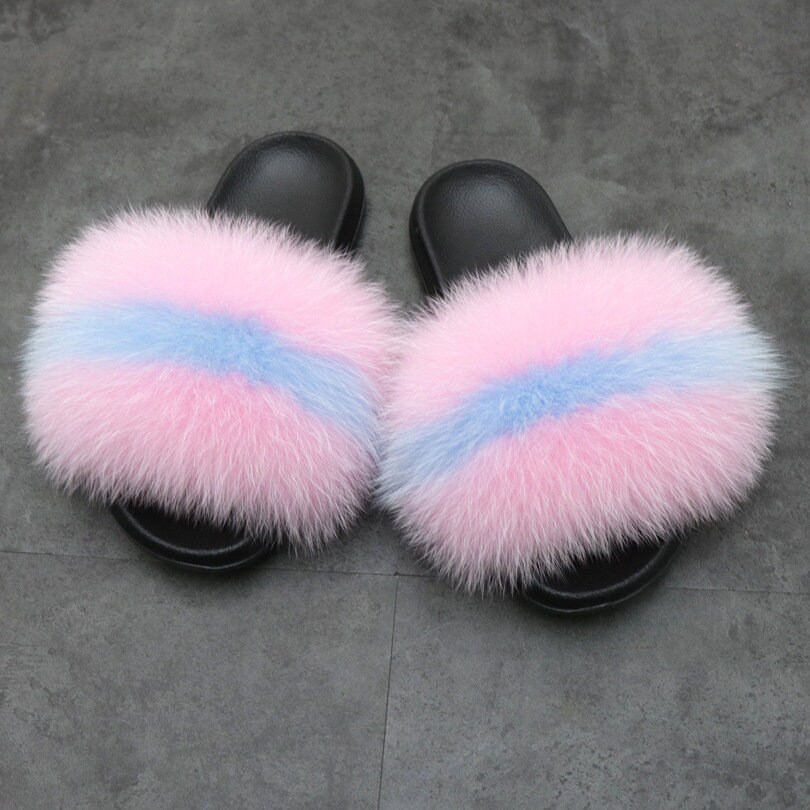 Real Fox Fur Slides Women Puffy Patchwork Stripe Fur Slippers Sandal ...