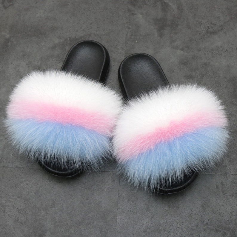 Real Fox Fur Slides Women Puffy Patchwork Stripe Fur Slippers Sandal ...