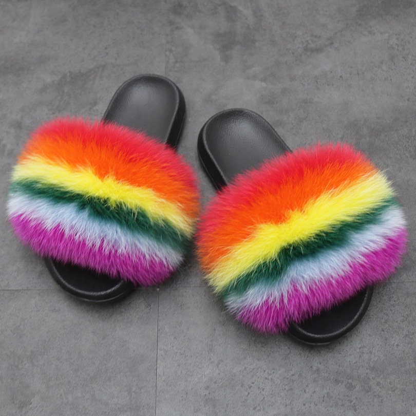 Real Fox Fur Slides Women Puffy Patchwork Stripe Fur Slippers Sandal ...