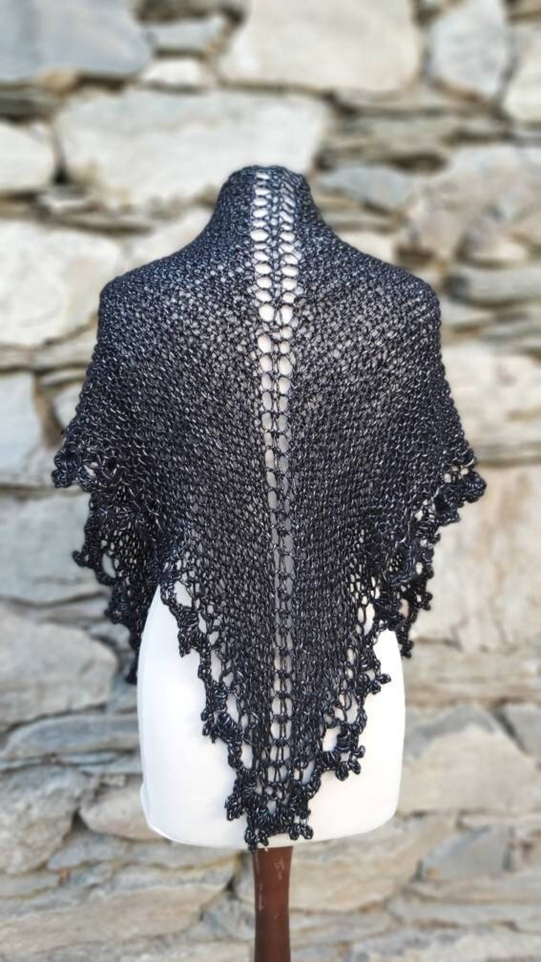 Vegan Knitted Triangular Scarf in Black Without Animal Fibers, Shoulder ...