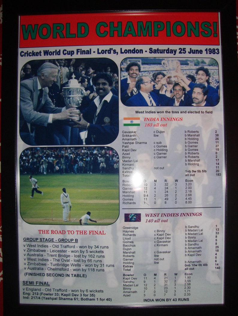 India 1983 ICC Cricket World Cup Winners - Souvenir Print - Etsy
