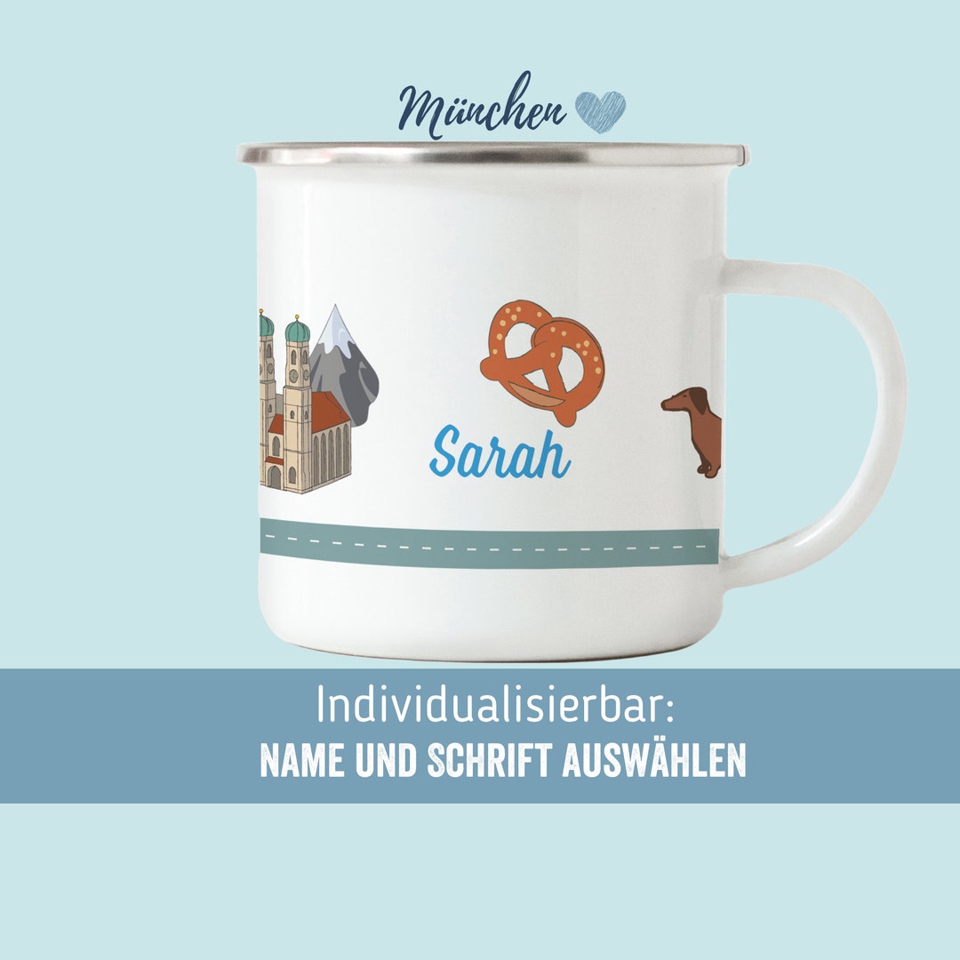 MÜNCHEN Emaille TASSE, Trinkbecher Kids PERSONALISIERT mit Namen Design ...