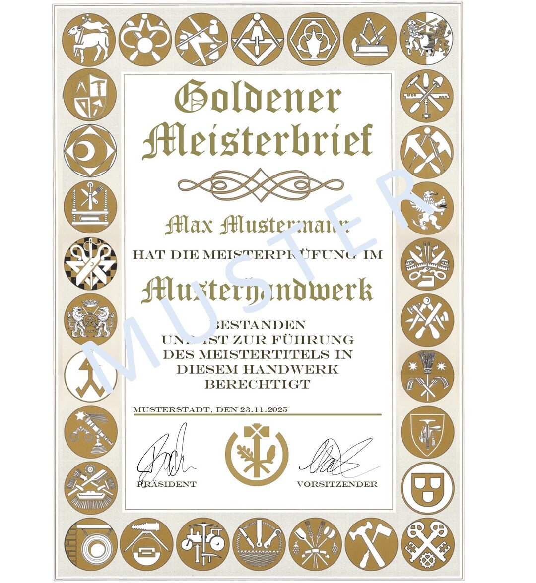 Goldener Meisterbrief als individuelle Urkunde - Etsy.de