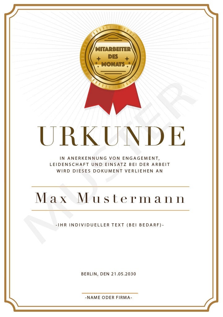 Urkunde zum Mitarbeiter des Monats / Jahres oder besondere Anerkennung ...
