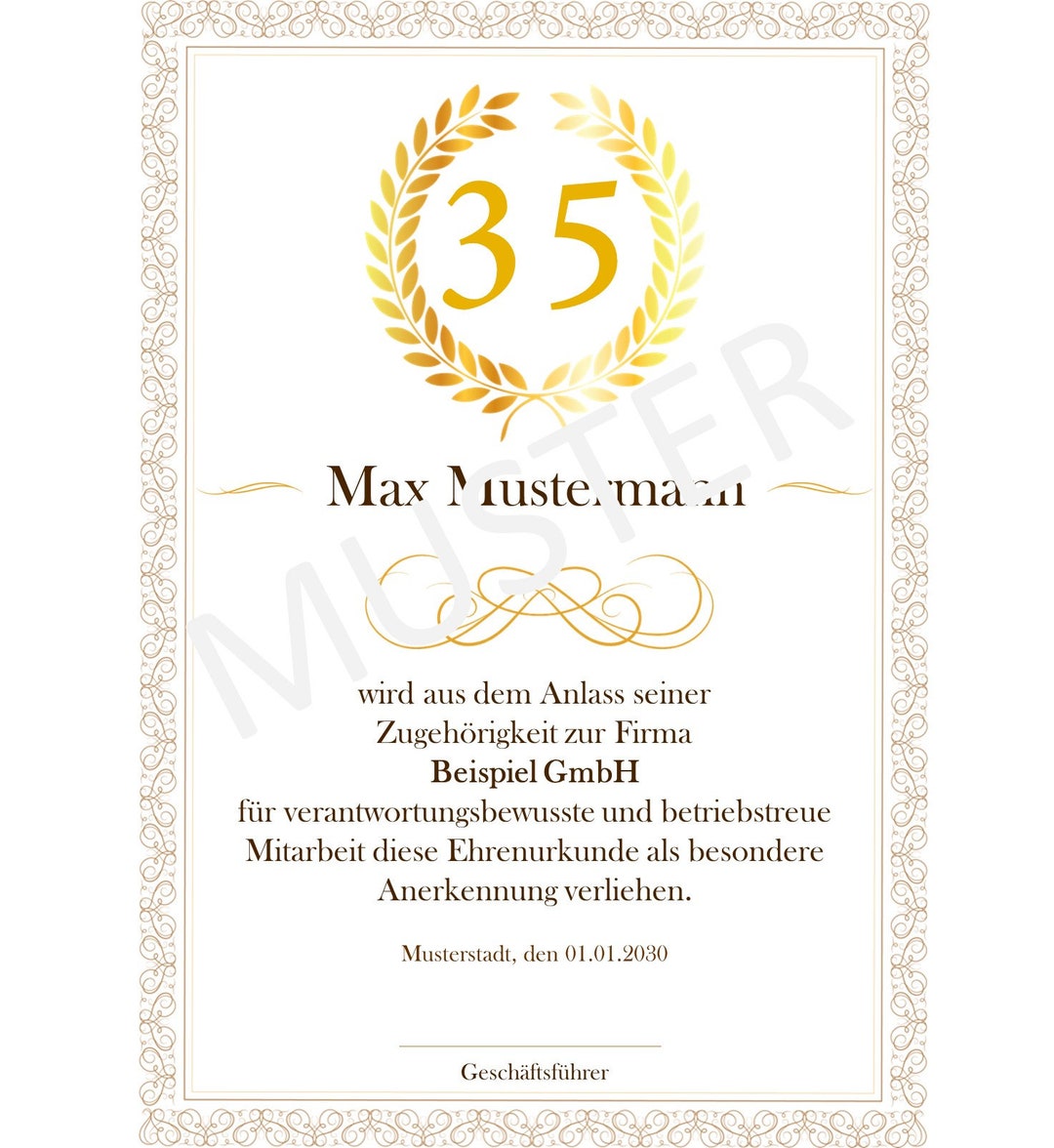 Urkunde zum Jubiläum oder Firmenjubiläum oder Dienstjubiläum für ...