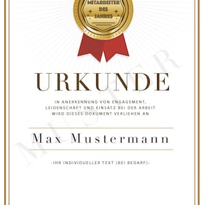 Urkunde zum Mitarbeiter des Jahres oder besondere Anerkennung zum ...