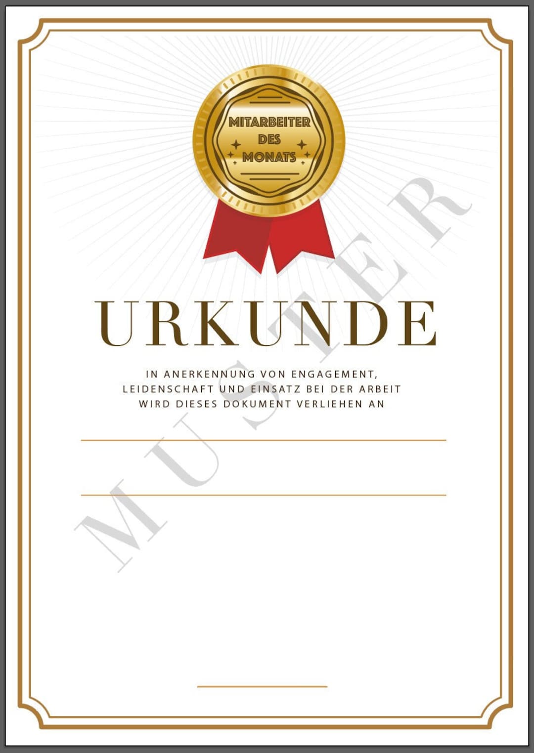 Urkunde zum Mitarbeiter des Monats oder besondere Anerkennung zum ...