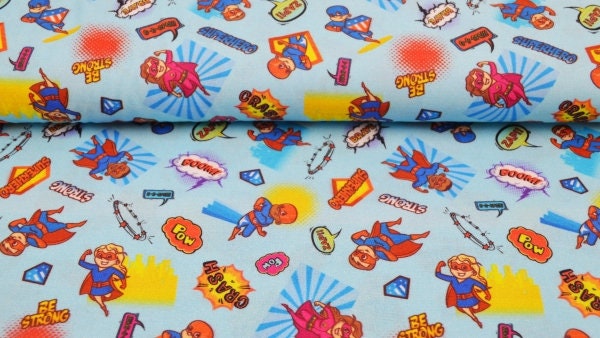 Comic Helden Stoff in Blauer Baumwolle Mit Comicfiguren - Etsy