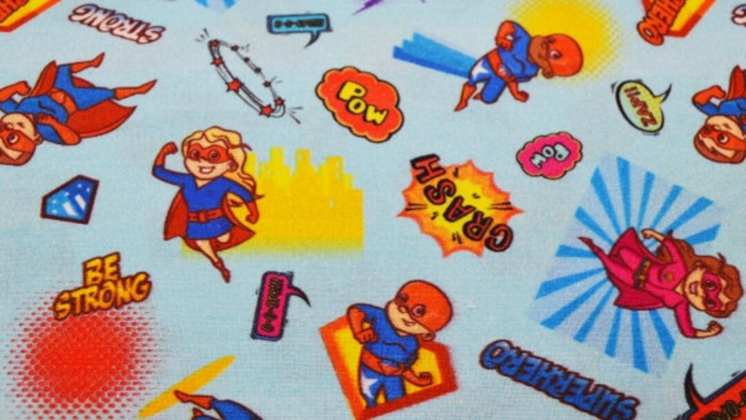 Comic Helden Stoff in Blauer Baumwolle Mit Comicfiguren Comicstoff ...