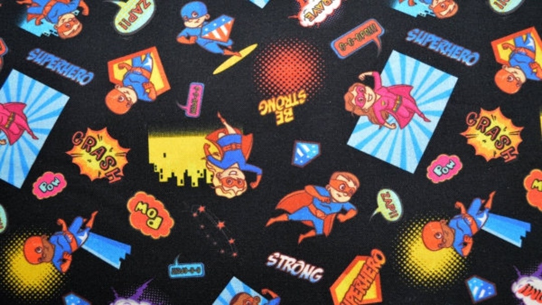 Comic Helden Stoff in schwarzer Baumwolle mit Superhelden Comicstoff ...