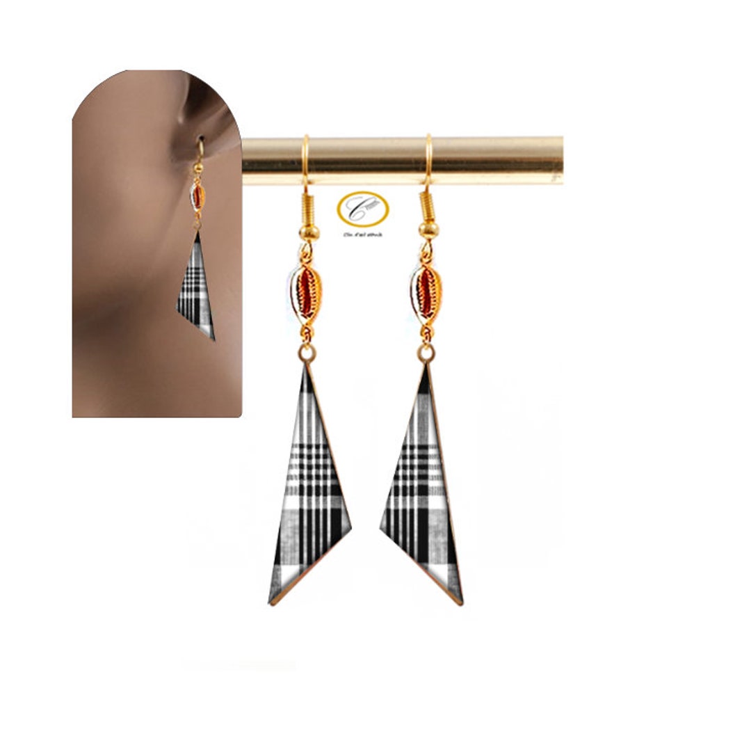 Black and White Madras Cowrie/triangle Earrings, Stainless Steel, Resin ...