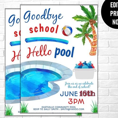 Pool Party Invitation End of School Summer Pool Party Invite - Etsy