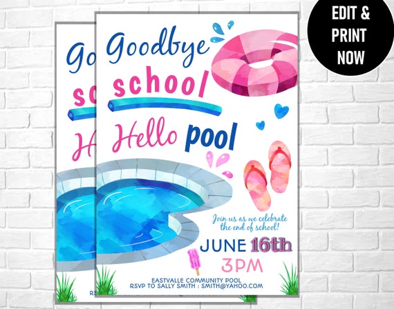 Paper Hello Pool Editable Party Invitations School Class Party Teacher ...