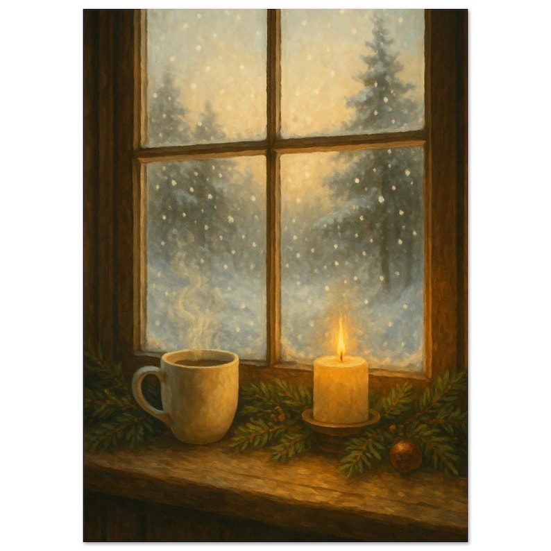 Snowy Window Morning | Cozy Winter Wall Art | Christmas Candle & Cocoa ...
