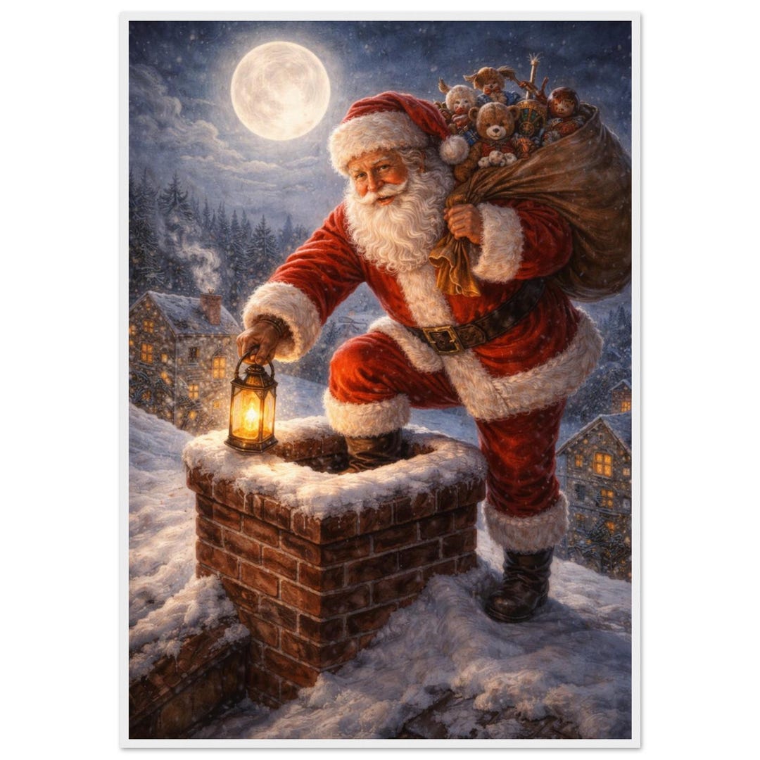 Santa Entering the Chimney by Moonlight | Vintage Christmas Wall Art ...